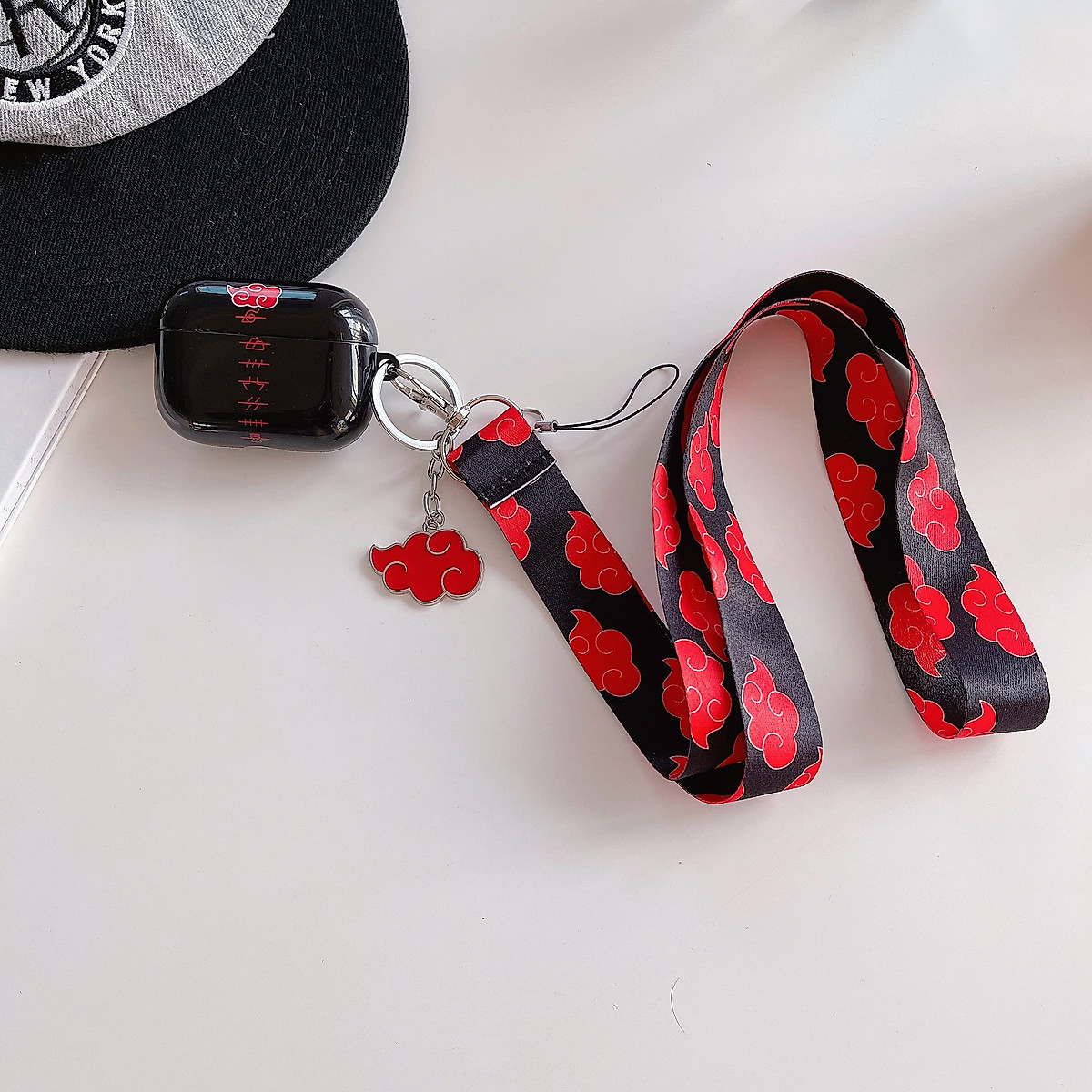 with Red Cloud Lanyard Keychain AirPods Pro Case， Personalised Anime and Unique IMD Process TPU Soft AirPods Pro Case, Black