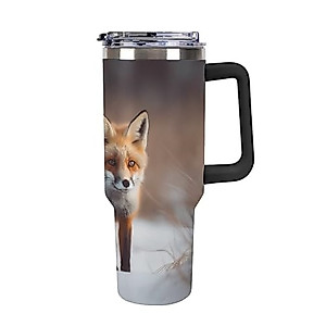 YTLKGFP 40 Oz Large Capacity Car Cup Cute Fox Tumbler with Handle (Black) Straw Lid Insulated Stainless Steel Water Bottle Travel Mug Leak-proof Car Cup Keeps Cold Or Hot