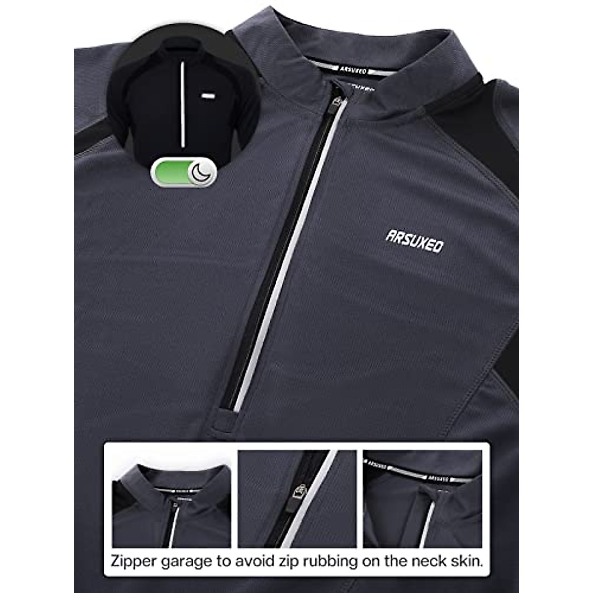 ARSUXEO Men's Half Zipper Cycling Jerseys Long Sleeves MTB Bike Shirts 6031 Gray Size Medium