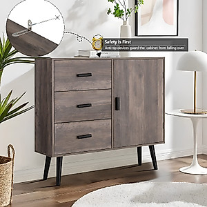 Iwell Storage Cabinet with 3 Drawers and Adjustable Shelf, Sideborad Buffet Cabinet with Door, Accent Cabinet for Living Room, Entryway, Hallway, Rustic Oak