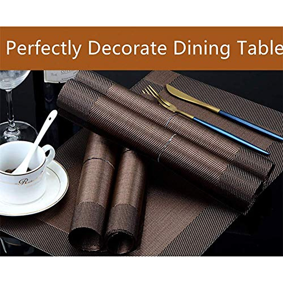 Placemats with Table Runner Sets Place Mats, Woven Crossweave Placemat Vinyl Kitchen Tablemat, Washable PVC Table Mats for Dining Table, Parties, Farmhouse, Thanksgiving, Christmas & Gathering (Brown)