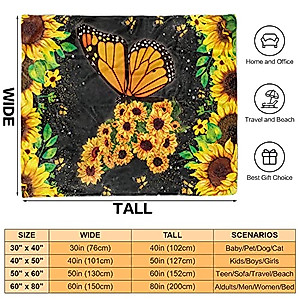 Throw Blanket Sunflower Butterfly Flannel Fleece Blanket, Comfy Throw Blanket Lightweight Sunflower Butterfly Blanket for Bed, Soft Fluffy Blanket for Aldults Women Men Valentines Day- 60x50 Inches