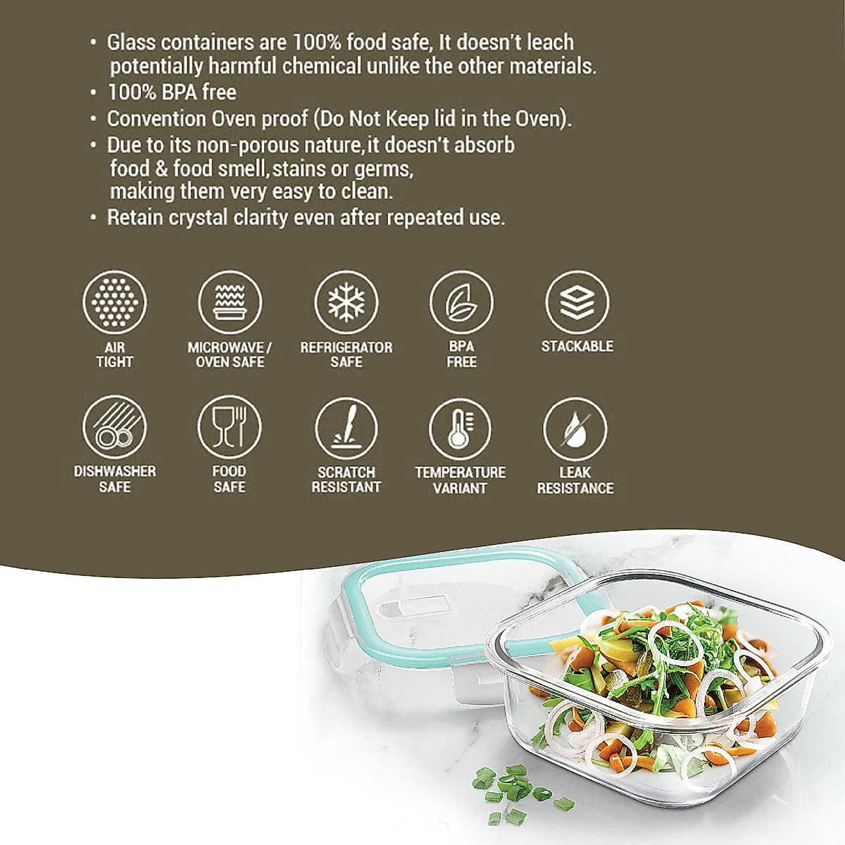 Treo By Milton Hi Borosilicate Clip Fresh Square Container, Set of 2, 800 ml Each, Transparent | Air Tight | Microwave Safe | Oven Safe | Refrigerator Safe | BPA Free | Stackable | Dishwasher Safe