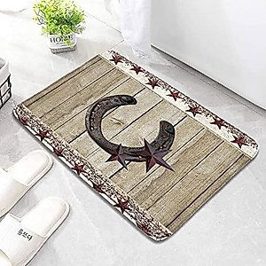 Rustic Country Farmhouse Horseshoe Texas Barn Stars Western Vintage Wooden Board Bath Mats Non-Slip Absorbent Microfiber Soft Plush Doormat Decor Bathroom Rugs for Kitchen Bedroom Floor Mat 24" X 16"