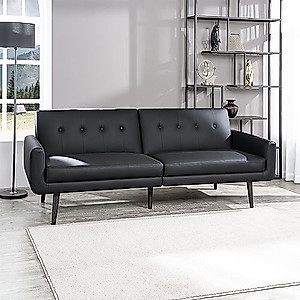 Naomi Home Monica Leather Futon Sofa, Convertible Couch Bed, Split Back Premium Faux Leather Sleeper Couch Sofa for Living Room, Mid Century Modern Fold Out Couch Bed with Tapered Legs Black
