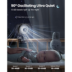 Gaiatop Clip on Fan Battery Operated, 4000mAh Auto Oscillating Portable USB Fan with Light & Hook, 4 Speed Personal Mini Desk Fan Rechargeable Table Fan for Home Office Stroller Black