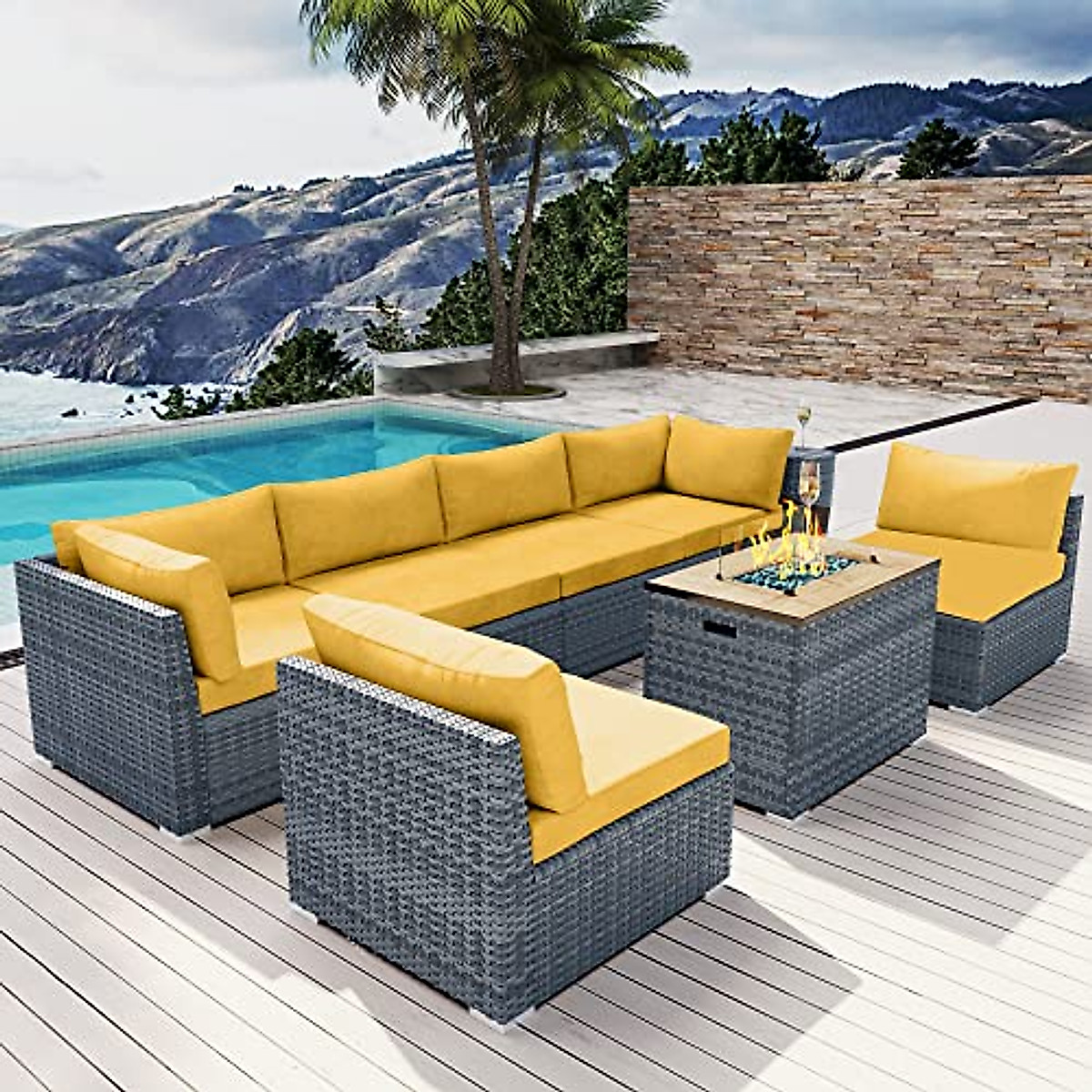 MODENZI Outdoor Sectional Patio Furniture Set with Propane Fire Pit Table Grey Resin Wicker Phoenix Collection Sofa Set (Yellow with Ice Bucket)
