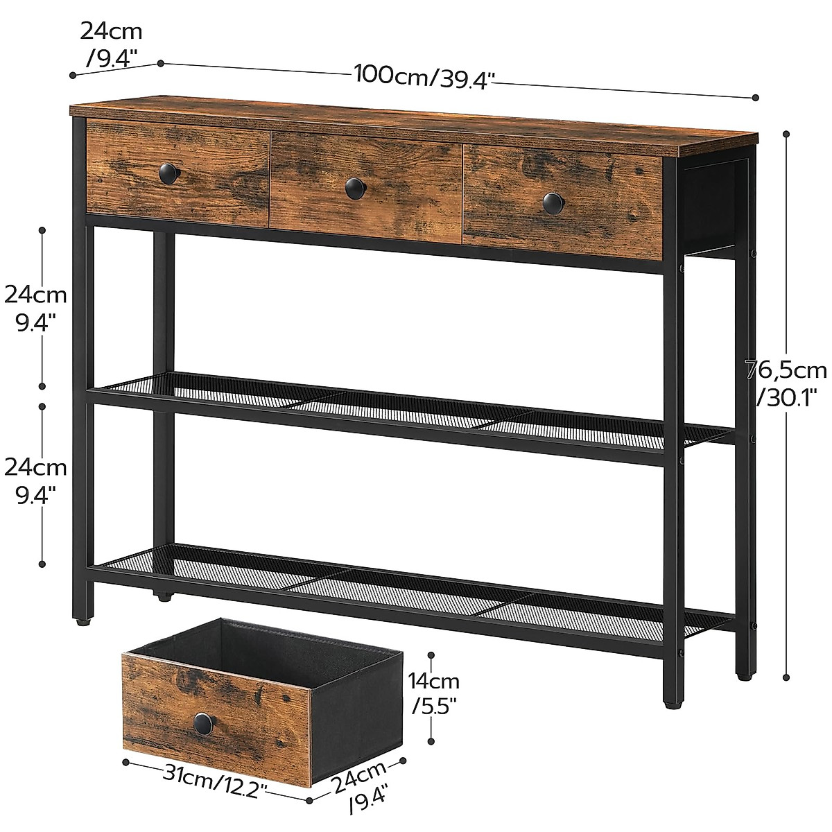 HOOBRO 39.4" Narrow Console Table with 3 Fabric Drawers, Small Entryway Table with 3-Tier Storage Shelves, Thin Sofa Table, Side Table, for Living Room, Hallway, Rustic Brown and Black BF82XG01