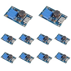 AEDIKO 10pcs MT3608 with Micro USB DC-DC Step Up Boost Module 2V-24V to 5V-28V 2A Output DC Voltage Regulator Adjustable Power Supply Board