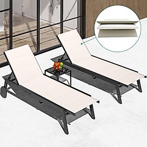 YITAHOME Outdoor Chaise Lounge Chairs Set with Side Table, Padded Fabric Poolside Loungers with Aluminum Frame, Adjustable Backrest, Wheels for Pool Beach Patio Lawn Porch (Beige)
