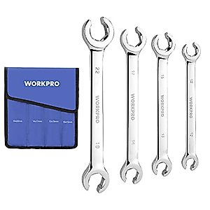 WORKPRO Flare Nut Wrench Set, Metric, 4-piece, 10, 12, 13, 14, 15, 17, 19, 22mm, Cr-V Steel, 15° Offset End Brake Line Wrenches Set, Organizer Pouch Included