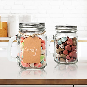 Homelike Style 4 oz Small Mason Jar Mugs with Handle, Mini Glass Jars with Airtight Metal Lids, 24 Pack Empty Glass Mugs with Kraft Paper Gift Tag for Party Wedding Favor