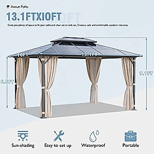 Aoxun 10'x13' Hardtop Gazebo, Outdoor Polycarbonate Double Roof Gazebo with Aluminum Frame Permanent Pavilion and Curtains & Netting for Backyard, Patio, Deck, Parties (Brown)