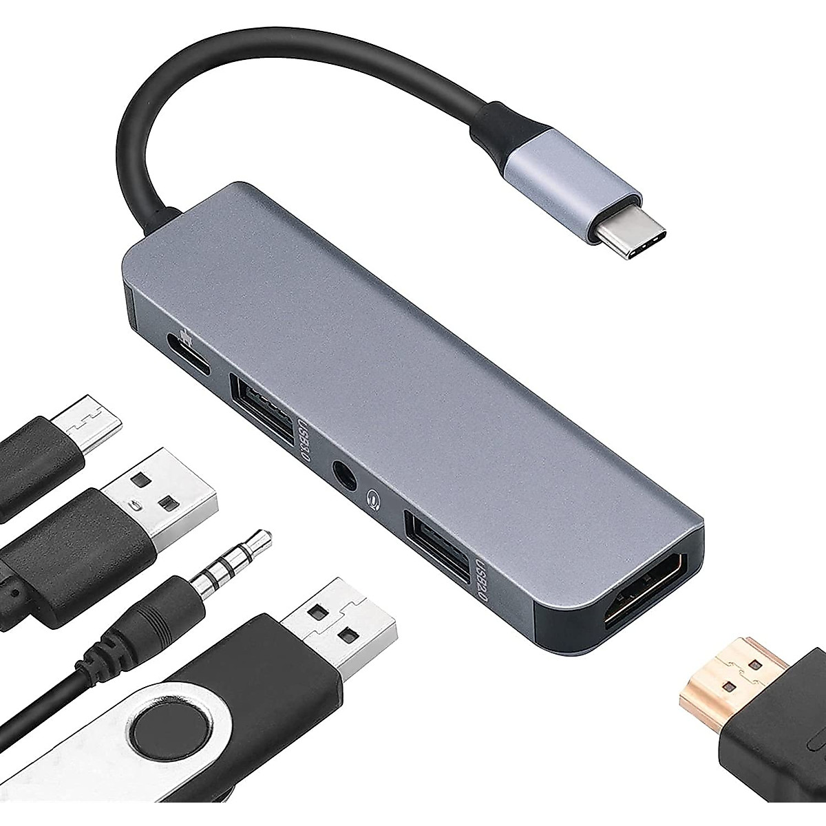 Type-c Docking Station, 5-in-1 Hub Usb3.0 3.5mm Audio Hdmi Pd Fast Charge Compatible with Windows Xp/Vista, Win 7/win8/win 10, Mac Os, Linux, Android (Silver) (Silver)
