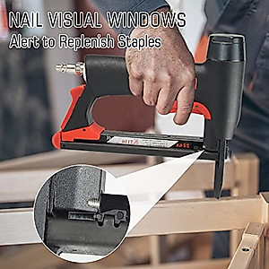 KAMSIN #7116L 22 Gauge Pneumatic Upholstery Stapler, 71 Series 3/8-Inch Crown Long Nose Air Power Fine Wire Staple Gun, 1/4-Inch to 5/8-Inch Leg Length Furniture Stapler for Fabric, Upholstering