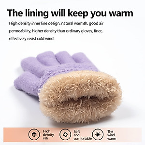 Winter Gloves for Boys Girls - Kids Warm Knit Thermal Cable Knitted Gloves Purple Wool Fleece Lined Mittens for Cold Weather