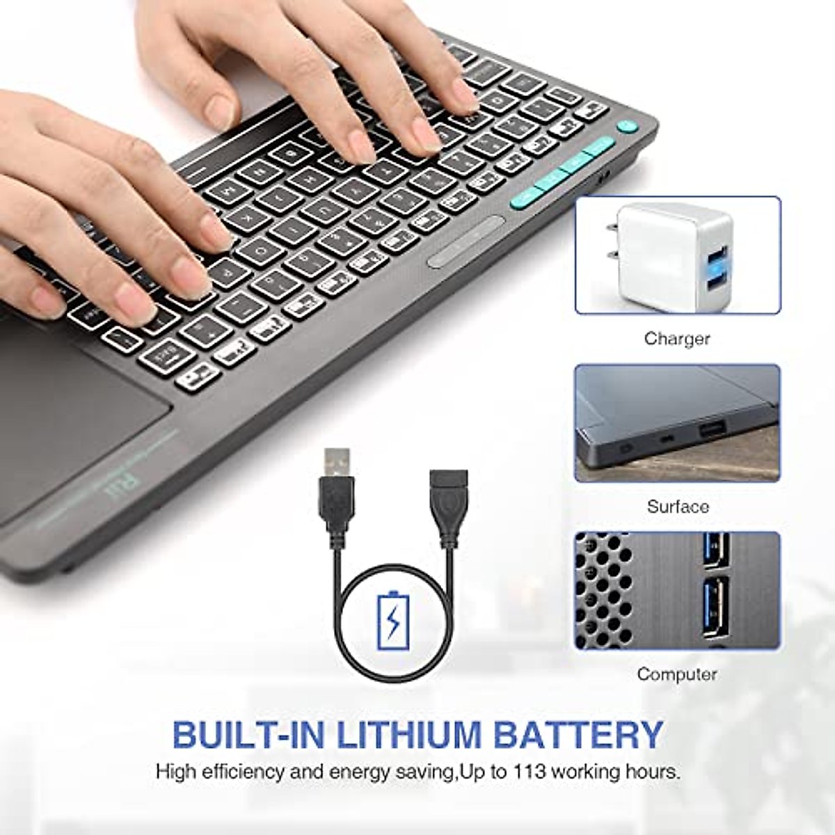 (Dual Mode) Rii RT518S Wireless and Bluetooth 2-LED Color Backlit Multimedia Keyboard with Multi-Touch Big Size Trackpad,Rechargable Keyboard for Android TV Box,PC,Tablets,Smart TV, HTPC, IPTV,Windows