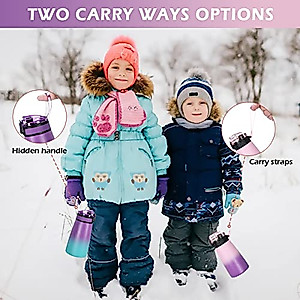 GOPPUS Kids Insulated Water Bottle 12 oz Double Wall Vacuum Stainless Steel Kids Cup Leakproof Metal Water bottles with Straw & Spout Lid Strap Handle 10pcs Stickers for Toddler Girls Boys School