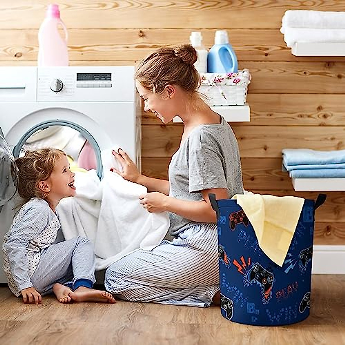 LynaRei Laundry Hamper Game Joystick Dirty Clothes Storage Basket Gamer Doodle Collapsible Waterproof Toy Organizer for Boys And Girls Bedrooms, Bathroom
