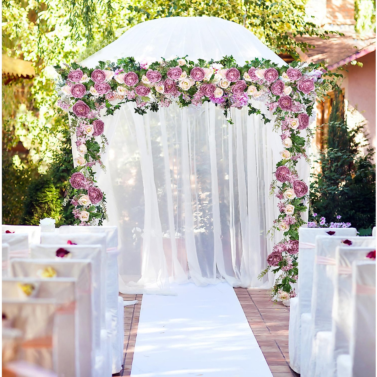 Artiflr 2 Pack Artificial Peony Garland Flowers, 12ft Floral Greenery Garland Rose Flower Vine with Peony Flowers and Green Leaves for Wedding Dining Table Home Party Deco (2, Champagne&Deep Ruby)