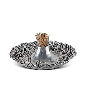 Arthur Court Aluminum Metal Olive Pattern Tidbit Cheese Hors d'oeuvres Tray with Glass for Toothpick - Outdoor Entertaining Platter Plate Aram 10.5 inch Diameter x 2 inch Tall