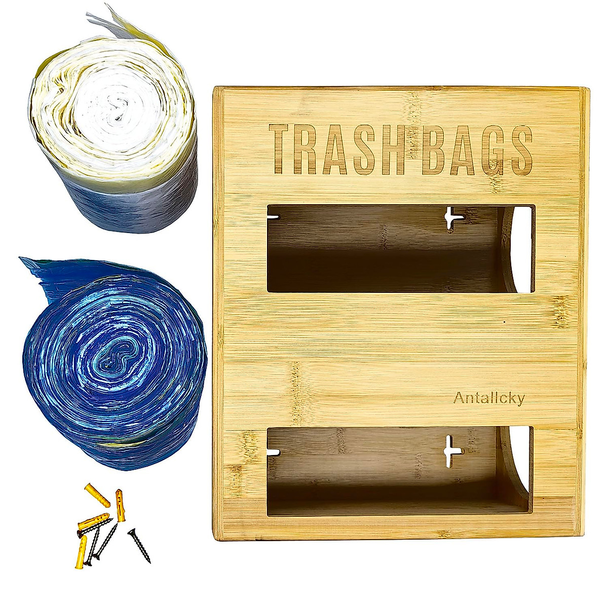 Antallcky Bamboo Trash Bag Dispenser Roll Holder 13 Gallon 2 Rooms,Garbage Bag Storage Dispenser Organizer Wall Mount or Under Sink for 2 Rolls of Plastic Bags(Up to About 160 Bags)