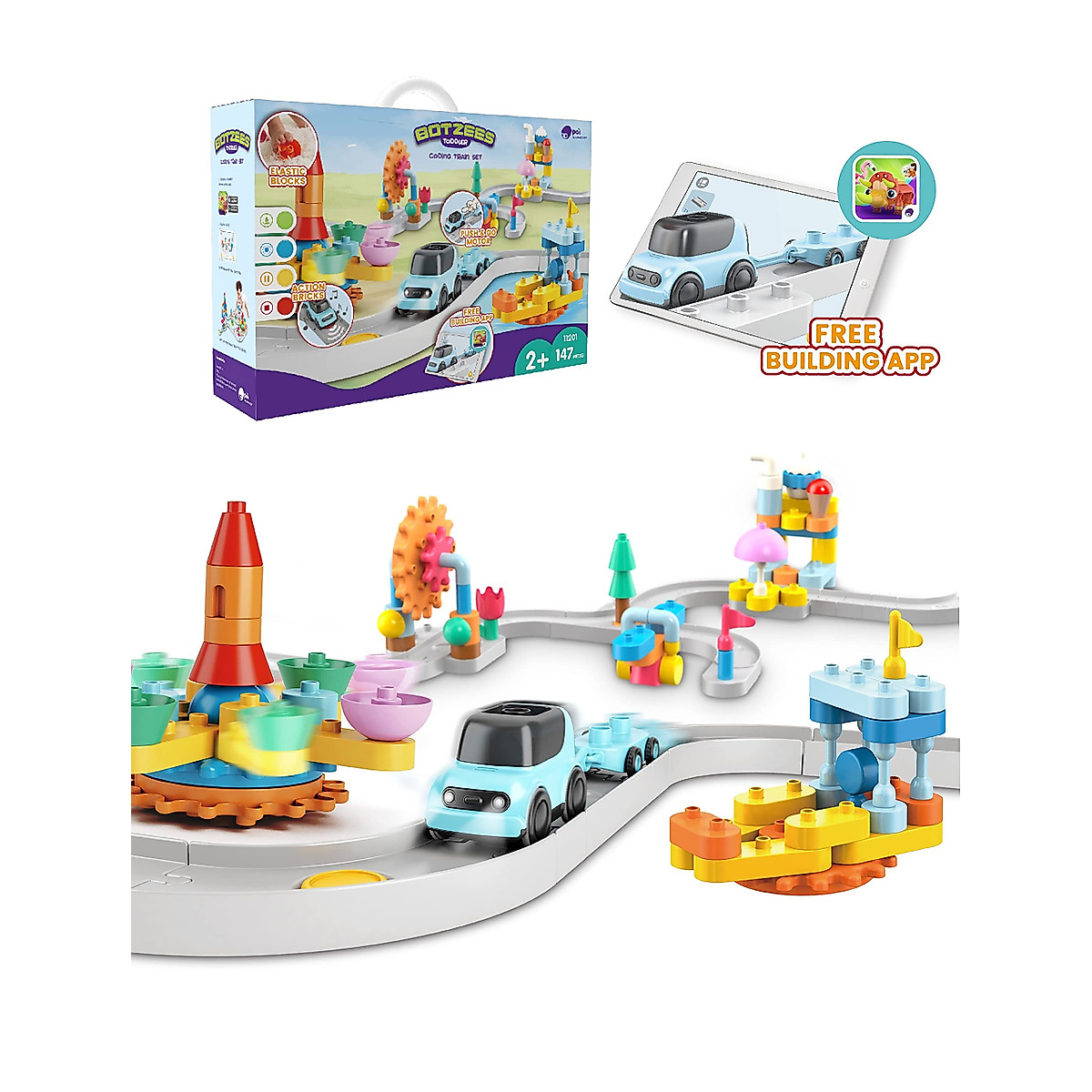 BOTZEES Coding Train Set for Toddler Train Sets for Kids Car Train Toys Tracks Fits for Girls & Boys Ages 2+（147 Pieces）