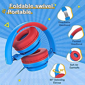 LORELEI E7 Kids Headphones with Microphone,On-Ear Wired Headset for Children/Boys/Girls,85/94dB Safe Volume,Foldable&Rotatable3.5mm Audio Jack Tangle-Free for School/iPad/Laptop/Travel (Blue&Red)