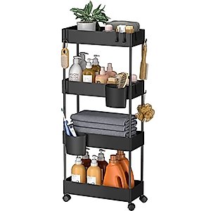 Pipishell Slim Storage Cart with Wheels, 4 Tier Bathroom Storage Organizer Rolling Utility Cart for Bathroom Kitchen Laundry Room Office Narrow Place (Black)