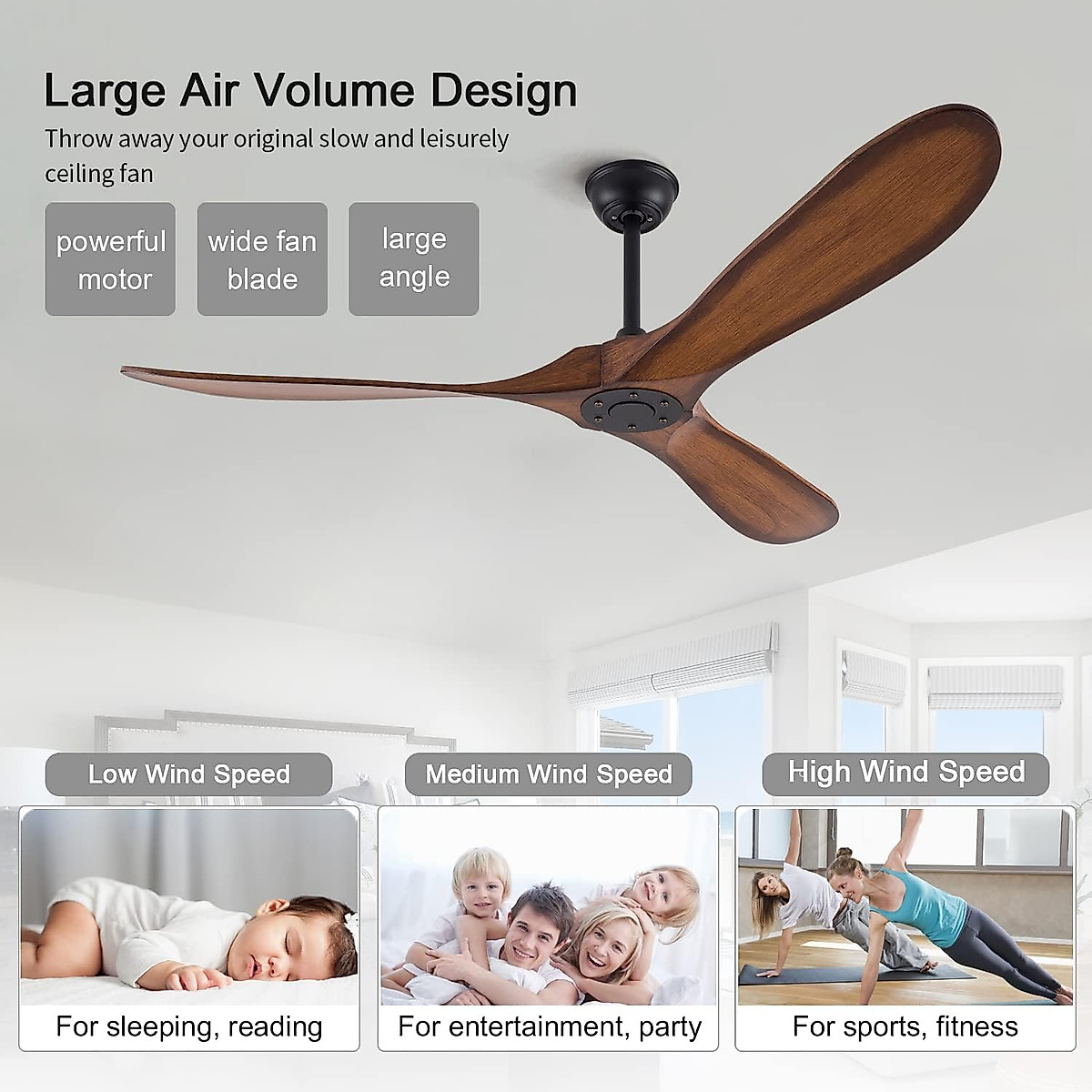 BOJUE 60 Inch Wood Ceiling Fan Without Light Remote Control, Low Profile Ceiling Fan Indoor Outdoor with 3 blade for Patio Living Room, Bedroom, Office, Summer House, Etc (Deep Walnut Blades)