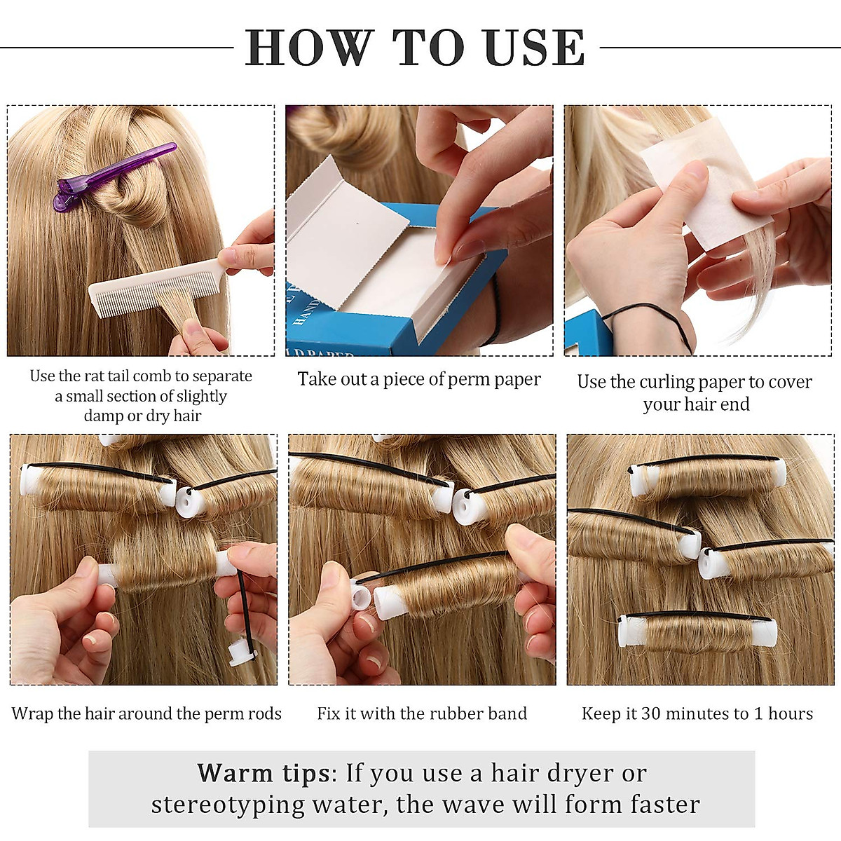 WILLBOND Hair Styling Kit: 48 Hair Perm Rods Plastic Cold Wave Rods, 2 Steel Pintail Combs, 350 Perm Papers, 6 Duck Bill Clips for Hairdressing Styling(White)