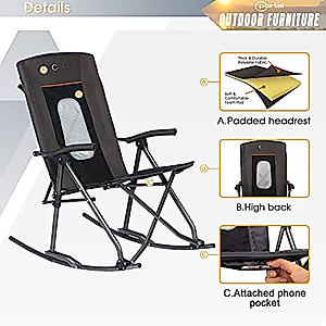 PORTAL Folding Camping Rocking Chairs Outdoor Mesh Patio Rocker Recliner Chairs with High Back Hard Armrest Support 300 lbs, Black