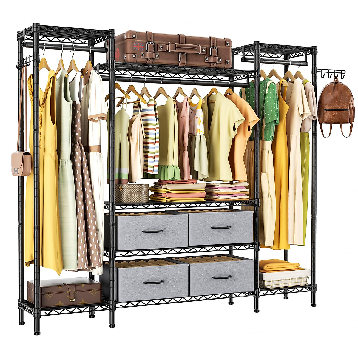 Large Garment Rack Heavy Duty Clothes Rack,Freestanding Closet Portable Clothing Rack with 8 Adjustable Wire Shelves,3 Hang Rods,4 Fabric Drawers,2 Hooks,Metal Closet Storage Wardrobe,MaxLoad 900lbs