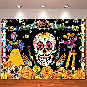 MAQTT 7x5ft Day of Death Backdrop for Mexican Fiesta Party Decoraion Dia DE Los Muertos Flowers and Sugar Skull Photography Backdrops Dress-up Party Supplies