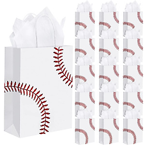 durony 16 Pieces Baseball Party Favor Bags with Handles Tissue Paper Baseball Gift Paper Bags Goodie Candy Treat Bags for Birthday, Baseball Themed Party Supplies (8.6 x 6.2 x 3.1 Inches)