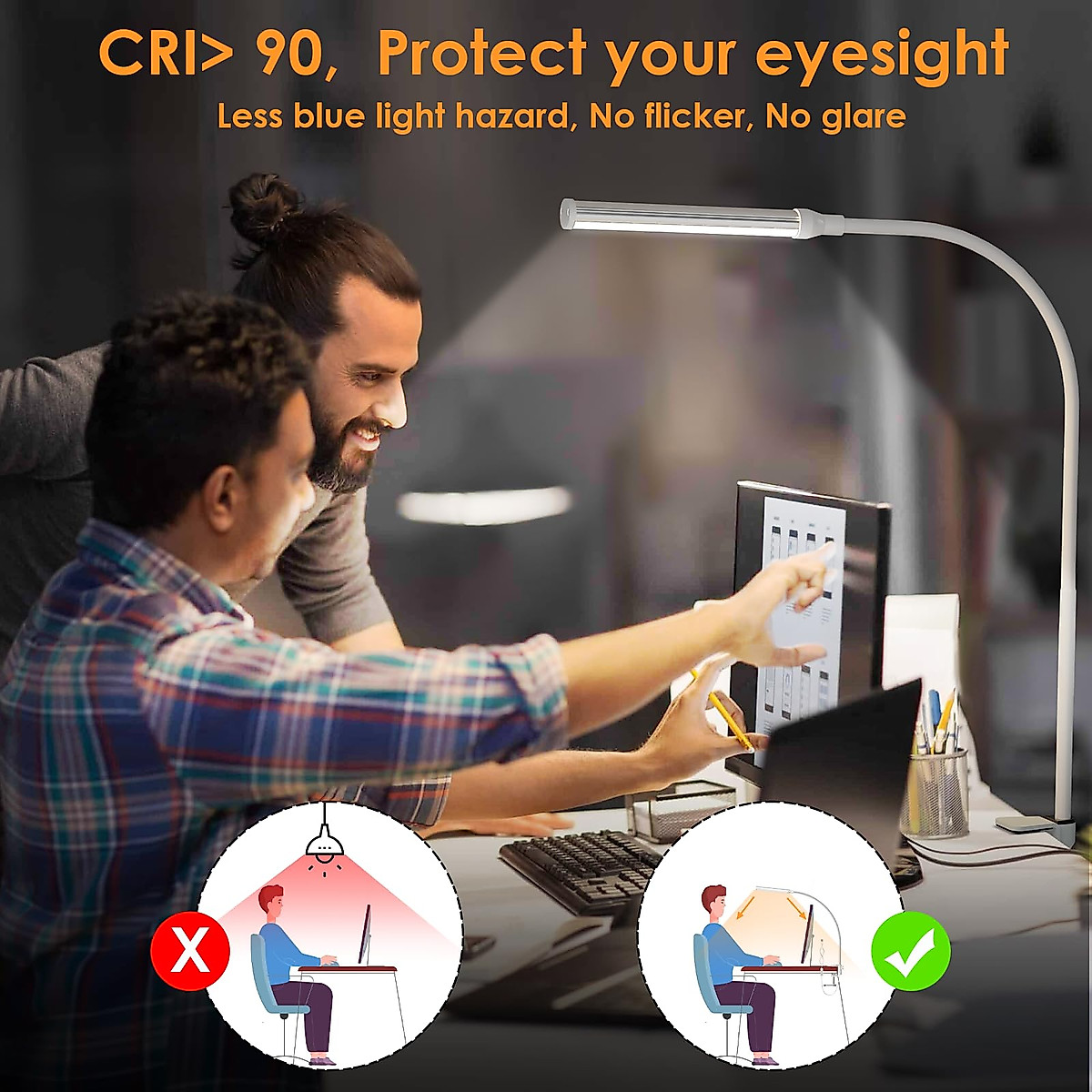 ShineTech LED Desk Lamp for Home Office, Eye-Caring Desk Light with Clamp, 3 Colors Stepless Brightness Adjustable Flexible Gooseneck, USB Adapter