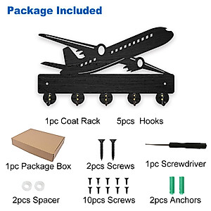MAYJOYDIY Wooden Airplane Coat Hook Wall Mounted 11.8×6.8inch Aircraft Key Holder for Wall Decorative Black Key Hanger 5 Alloy Hooks for Gift Entryway Bedroom Living Room Office