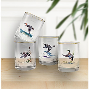 Culver Ned Smith 22k Gold Rim Waterfowl DOF Double Old-Fashioned Glasses, 13.5-Ounce, Assorted Set of 4
