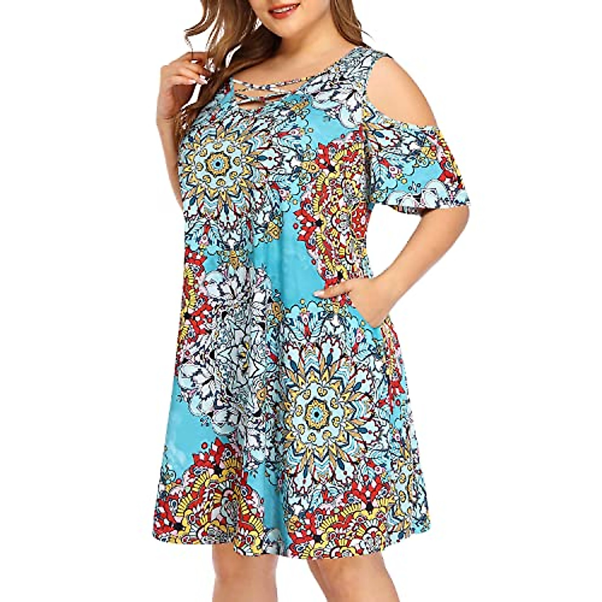 Sun Dresses Women Summer Plus Size Cold Shoulder Beach Swim Cover Up Tshirt Casual Hawaiian Tank Floral Sundress Pockets