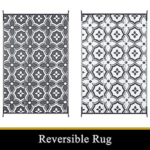 Vaukki Reversible Rug, Plastic Straw Outdoor Mat Fade Resistant Plastic Outdoor Patio Mat, Lightweight Ocean Area Carpet for Patio, RV, Camping, Deck, Backyard and Picnic (Grey and White, 4'x6')