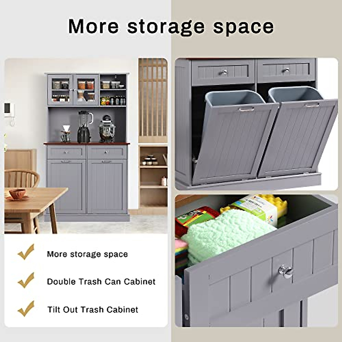 YOCONYO Double Tilt Out Trash Cabinet Storage Cabinet 20 Gallon with Two Solid Wood Hideaway Trash Holder Drawers, Dual Wooden Free Standing Recycling Cabinets Trash Can Bin Kitchen (Gray)