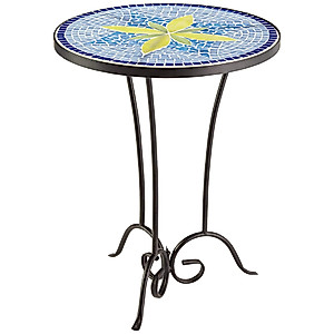 Teal Island Designs Flower Rustic Black Metal Round Outdoor Accent Side Table 17 1/2" Wide Blue Yellow Mosaic Tile Tabletop Gracefully Curved Legs for Spaces Porch Patio Home House Balcony Deck