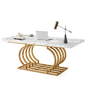 Tribesigns 63" Modern Office Desk, White and Gold Executive Desk, Large Computer Desk Home Office Desk with Gold Metal Frame, Wood Workstation Study Writing Desk