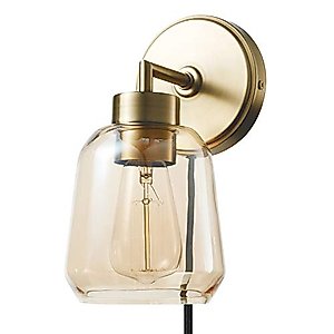 Globe Electric 51715 1-Light Plug-in or Hardwire Wall Sconce, Matte Brass, Smoked Amber Glass Shade, Black Fabric Cord, in-Line On/Off Switch, Pendant Light Fixture, Pendant Lights Kitchen Island