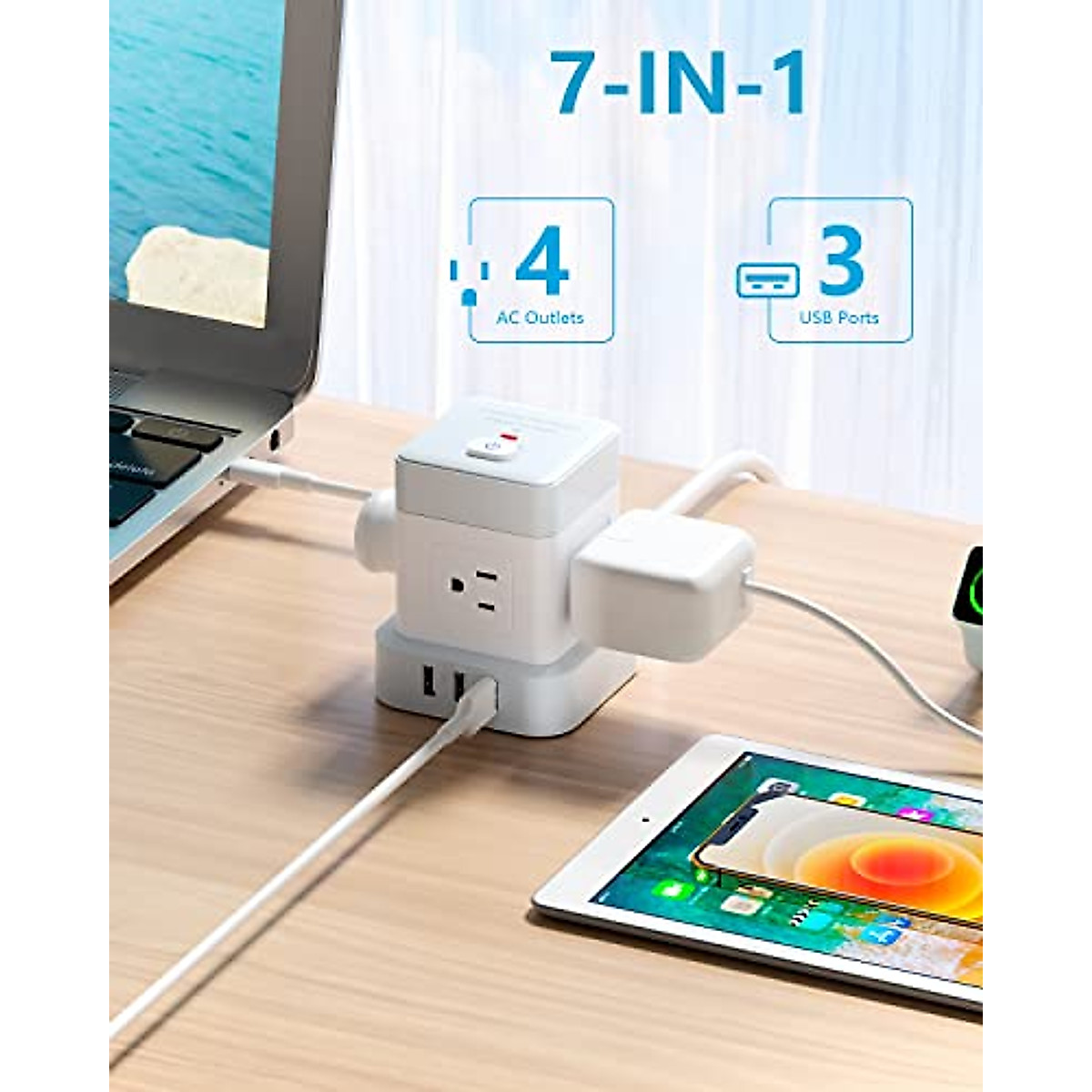 Power Strip with USB Baykul Flat Plug Extension Cord Cube with 4 Outlets 3 USB Ports 5ft Power Cord Surge Protector Desktop Charging Station Overload Protection Compact Portable for Home Travel Office