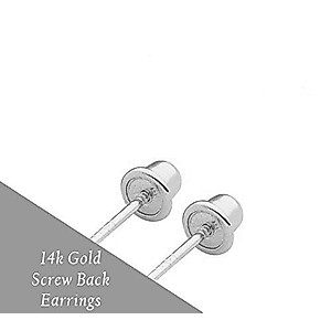 14k White Gold Solitaire Made with Cubic Zirconia Tiny CZ Stud Earrings with Secure Screw-backs, 2.5mm