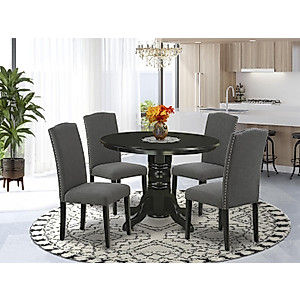 East West Furniture SHEN5-BLK-20 5 Piece Dining Room Table Set Includes a Round Kitchen Table with Pedestal and 4 Dark Gotham Linen Fabric Upholstered Chairs, 42x42 Inch, Black