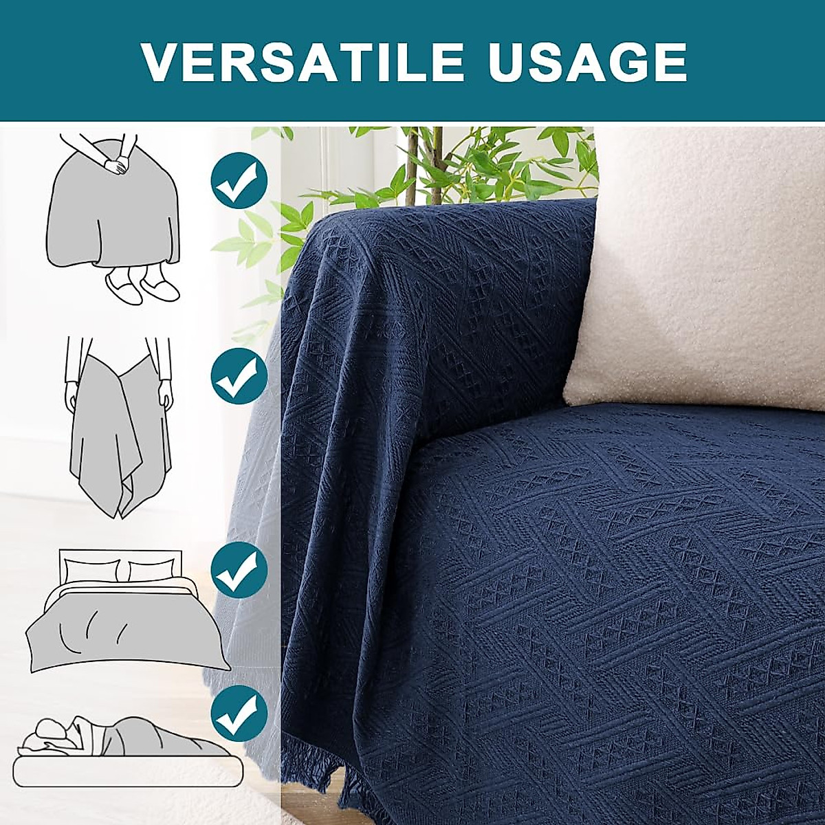 Turquoize Cotton Sofa Cover Couch Cover Navy Couch Protector Sofa Throw Cover for Couches Washable Sectional Sofa Couch Covers for Dogs Feature Geometrical Woven Fabric(71"x 102",Large, Navy)