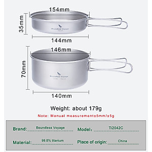 Boundless Voyage Titanium 2-Piece Pot and Pan Set 1000ml+500ml Folding Handle for Outdoor Camping Cooking Hiking Backpacking Portable Tableware Cookware