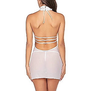 Avidlove Lingerie for Women Sexy Deep V Halter Lace Babydoll Mesh Chemises White